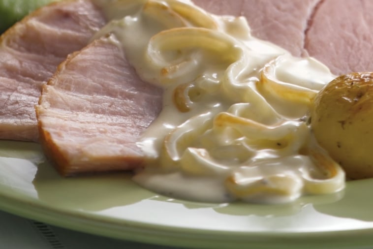 Baked Ham with Maple Caramelized Onions & Mustard Sauce | Canadian Goodness