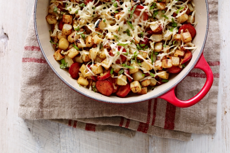 Chorizo and Swiss Cheese Potato Hash | Canadian Goodness