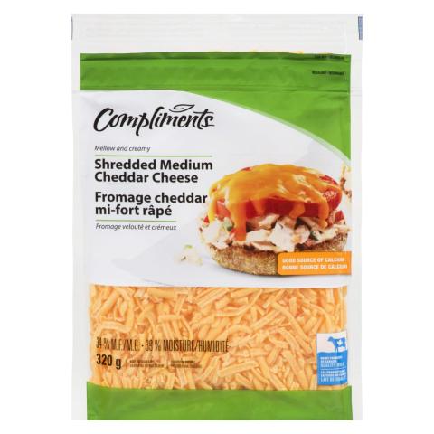 Compliments Shredded Medium Cheddar 320g | Canadian Goodness