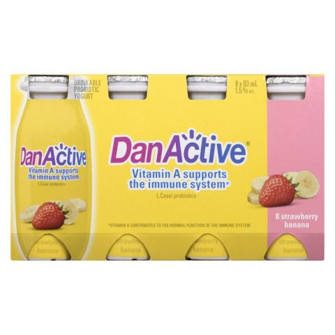 Danactive Strawberry Banana Drinkable Probiotic Yogurt 1.5% M.F. 8x93ml ...