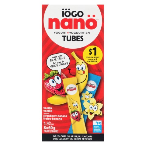 Iögo Vanilla Strawberry-Banana Yogurt Tubes 1.9% M.F. 8x60g | Canadian Goodness